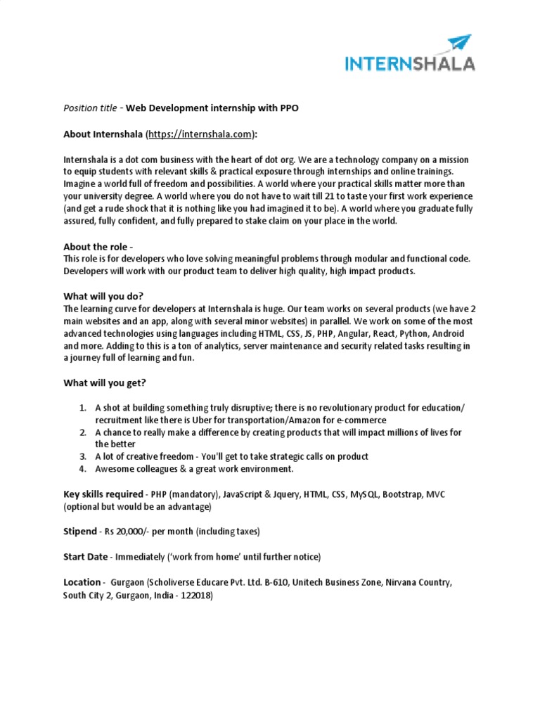 Web Development Internship (With PPO) - Internshala | PDF | Web ...