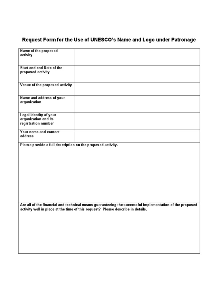 Request Form For The Use of UNESCO's Name and Logo Under Patronage | PDF