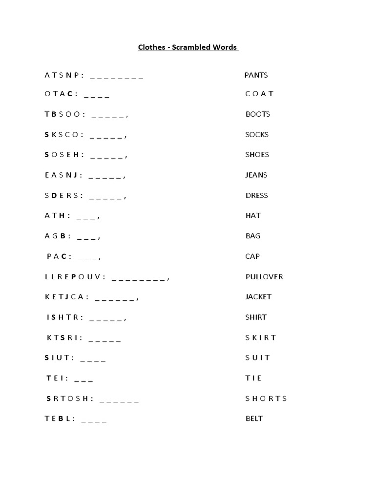 Clothes Scrambled Words Word Search | PDF | Clothing | Fashion