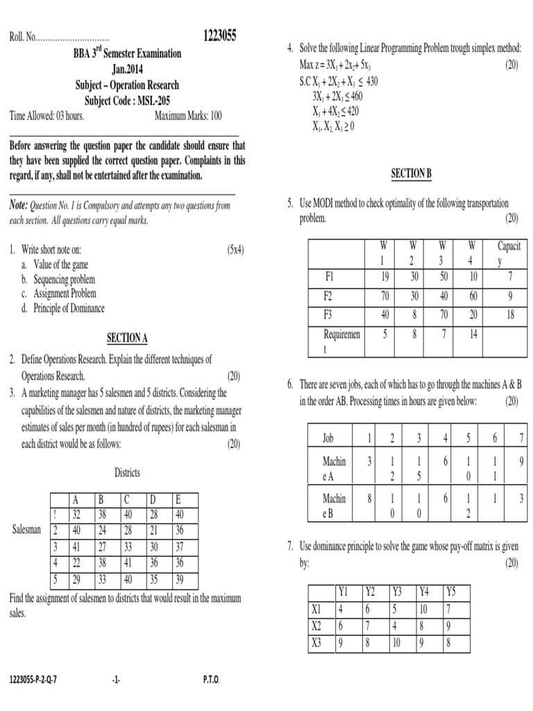 Bba 3 Semester Examination Jan.2014 Subject - Operation Research ...