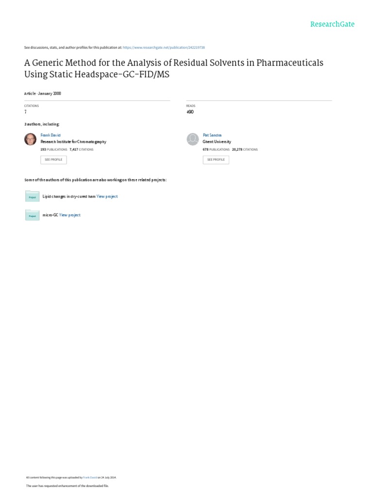 A Generic Method For The Analysis of Residual Solv PDF | PDF | Chromatography | Gas Chromatography