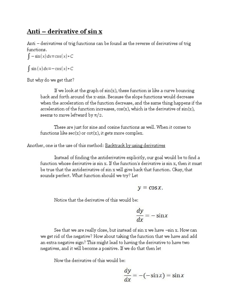 Anti Derivative of Sin | PDF | Sine | Trigonometric Functions