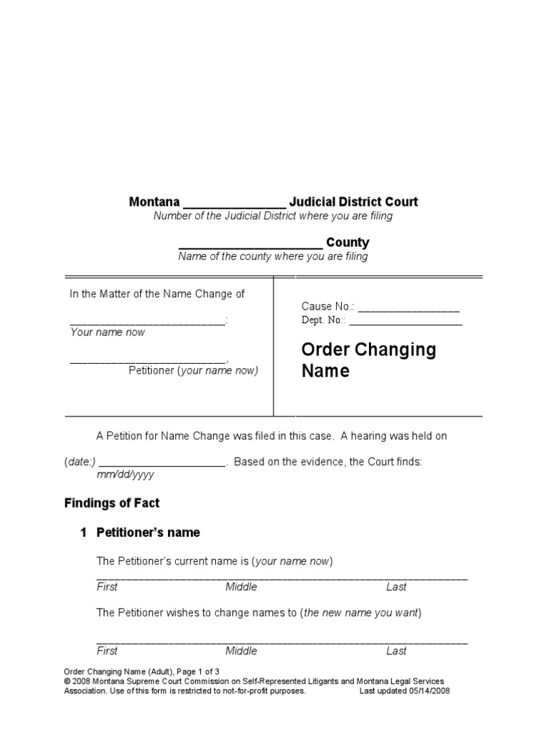 Order Changing Name: Montana - Judicial District Court - County | PDF ...
