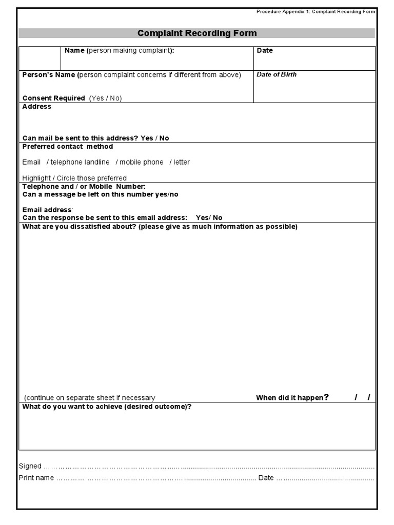 Complaint Recording Form - Patient | PDF