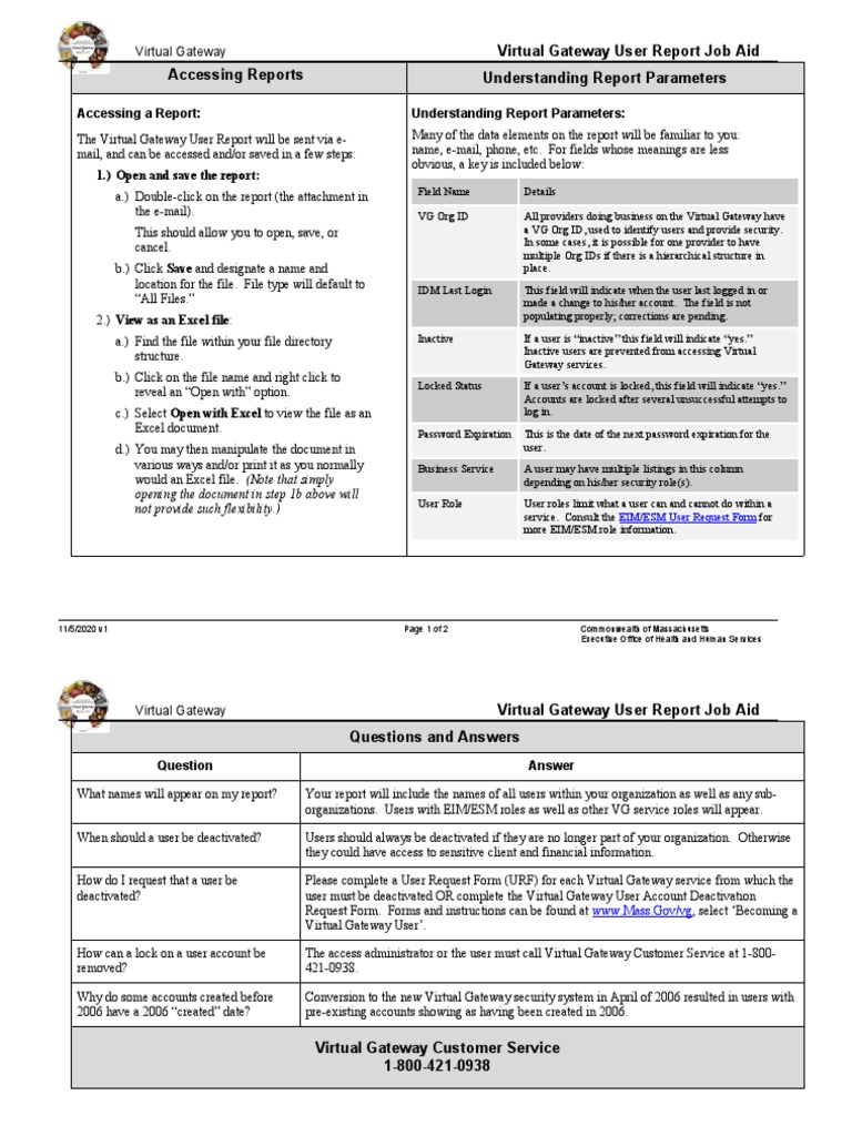 Virtual Gateway User Report Job Aid Accessing Reports Understanding ...