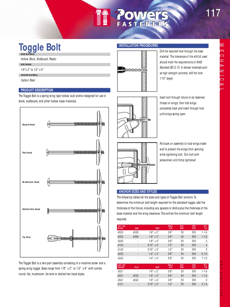 Toggle Bolt: Installation Procedures | PDF | Screw | Metals