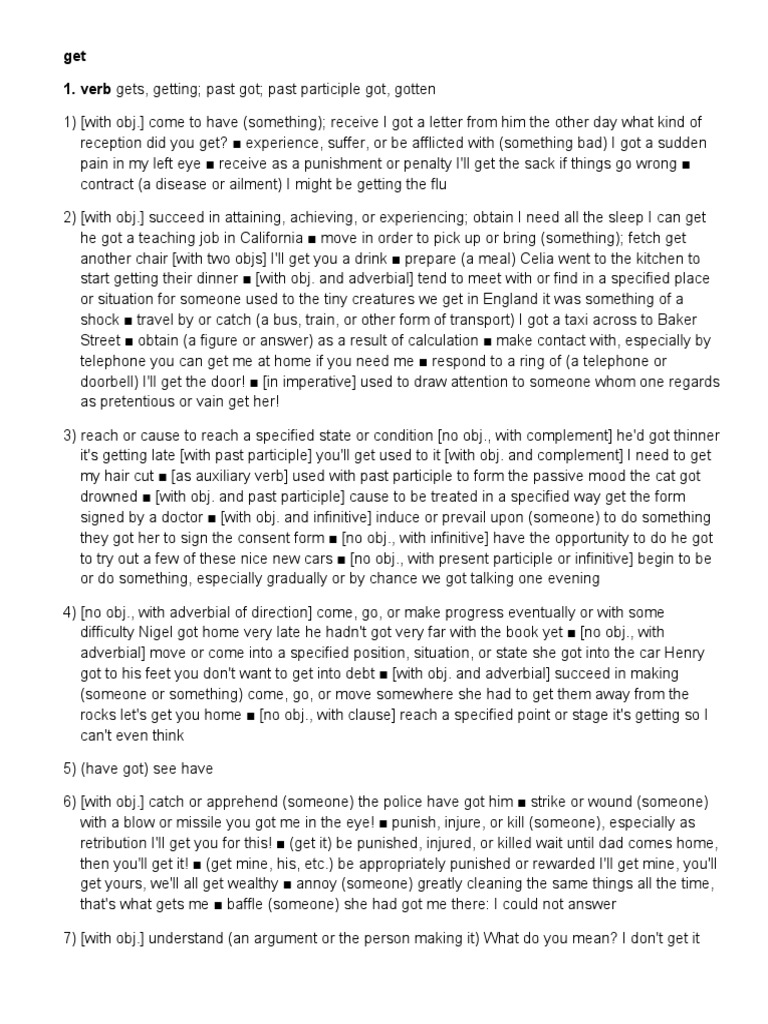 Get 1. Verb Gets, Getting Past Got Past Participle Got, Gotten | PDF ...
