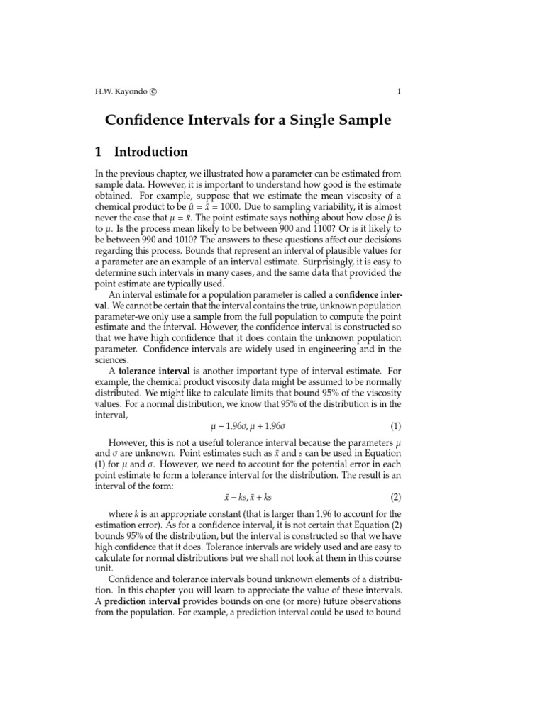 Confidence Intervals For A Single Sample: H.W. Kayondo C 1 | PDF ...
