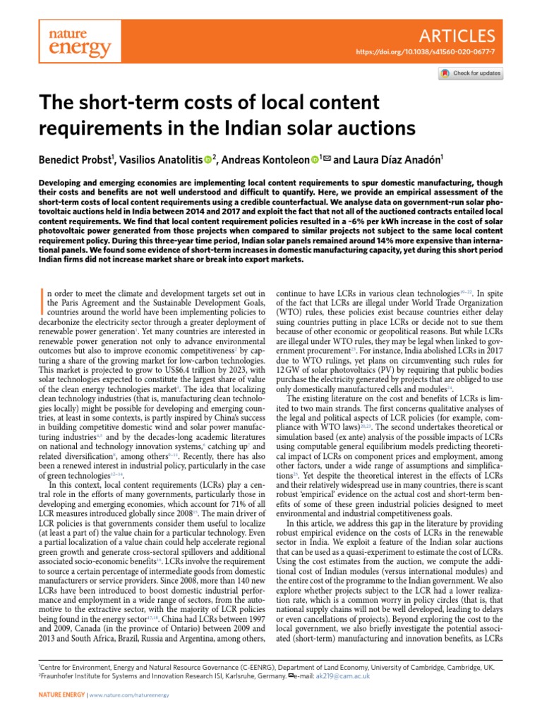 The Short-Term Costs of Local Content Requirements in The Indian Solar ...