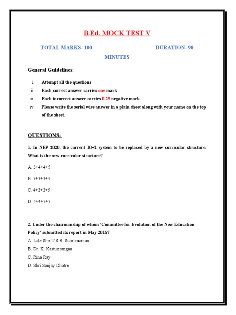 B.Ed. MOCK TEST V: A Comprehensive Title for a Teacher Certification ...