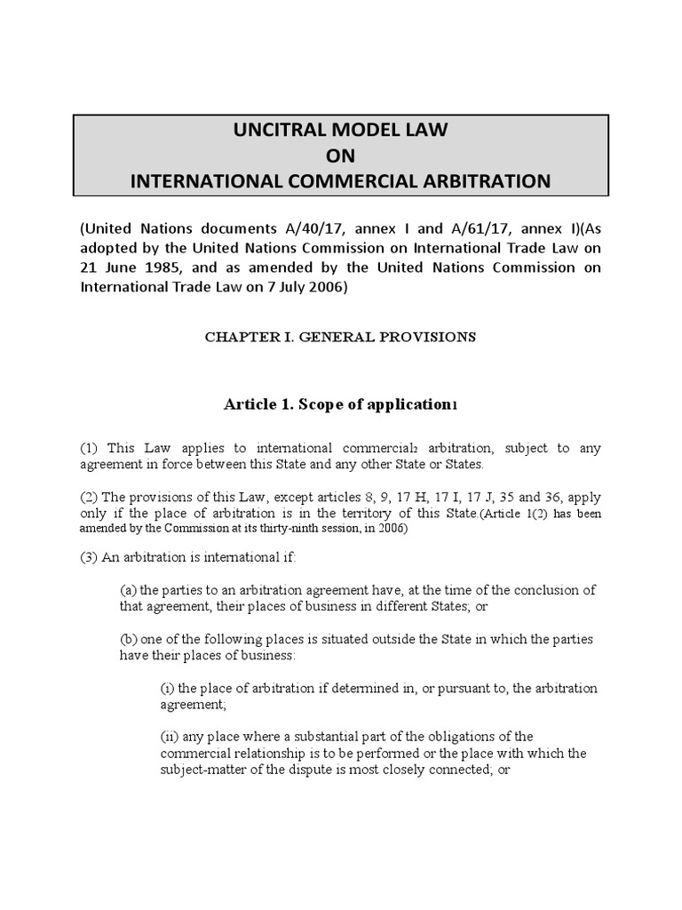 Uncitral Model Law ON International Commercial Arbitration: Article 1 ...