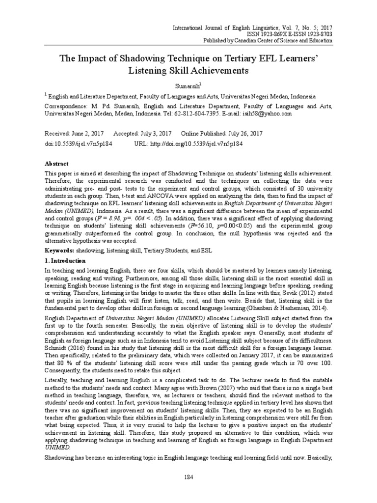 The Impact of Shadowing Technique On Tertiary EFL | PDF | English As A ...
