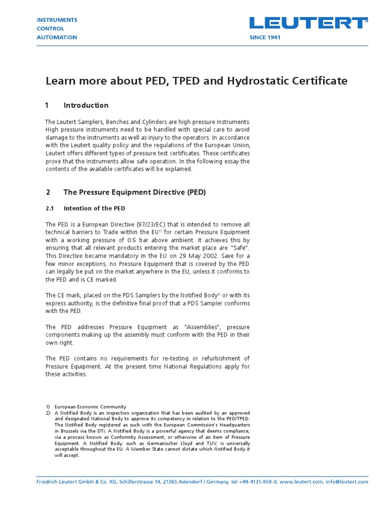 Learn More About PED, TPED and Hydrostatic Certificate: 2.1 Intention ...
