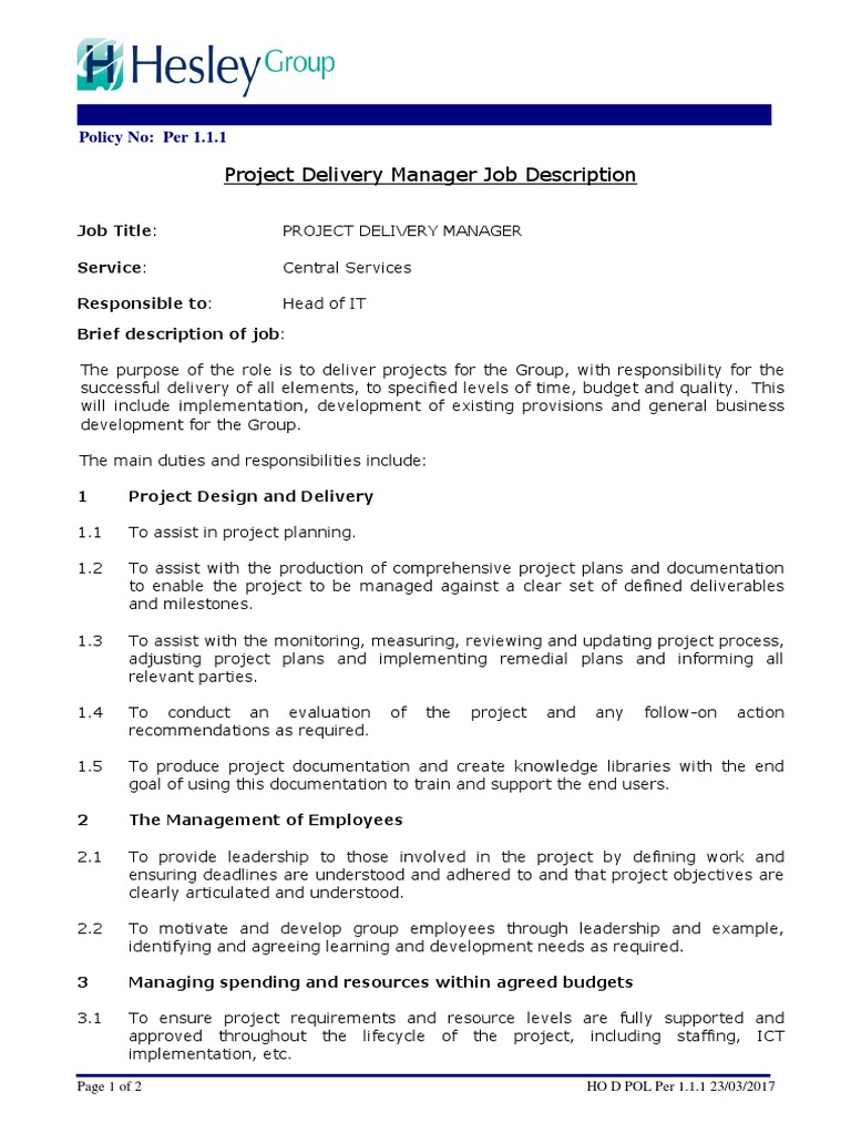 Project Delivery Manager Job Description: Policy No: Per 1.1.1 | PDF ...
