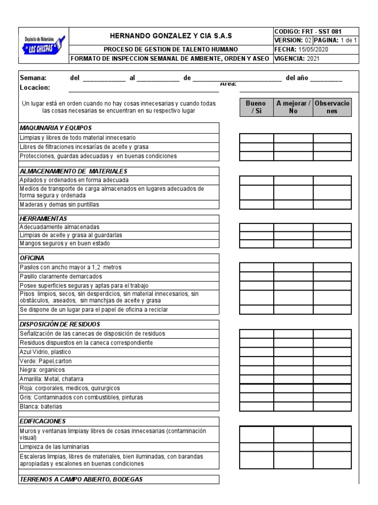 Formato Inspeccion Semanal de Ambiente, Orden y Aseo | PDF | Residuos ... Formato Inspeccion Semanal de Ambiente, Orden y Aseo | PDF | Residuos ...