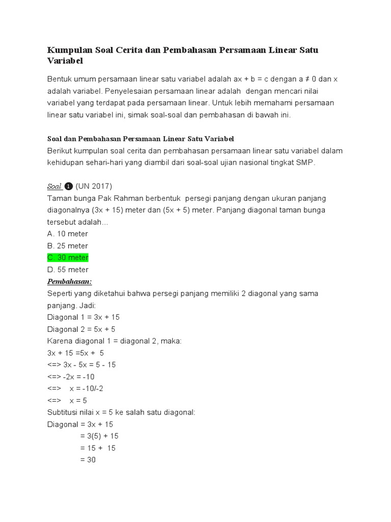 Kumpulan Soal Cerita Dan Pembahasan Persamaan Linear Satu Variabel | PDF