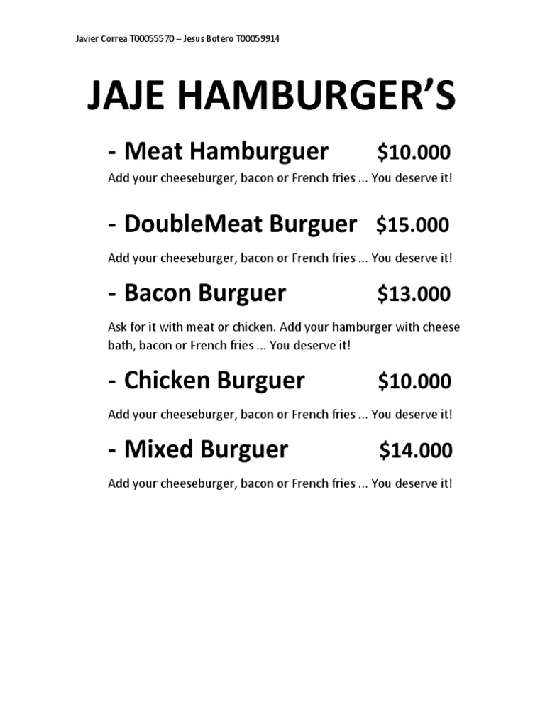 JAJE Hamburger Menu and Prices | PDF