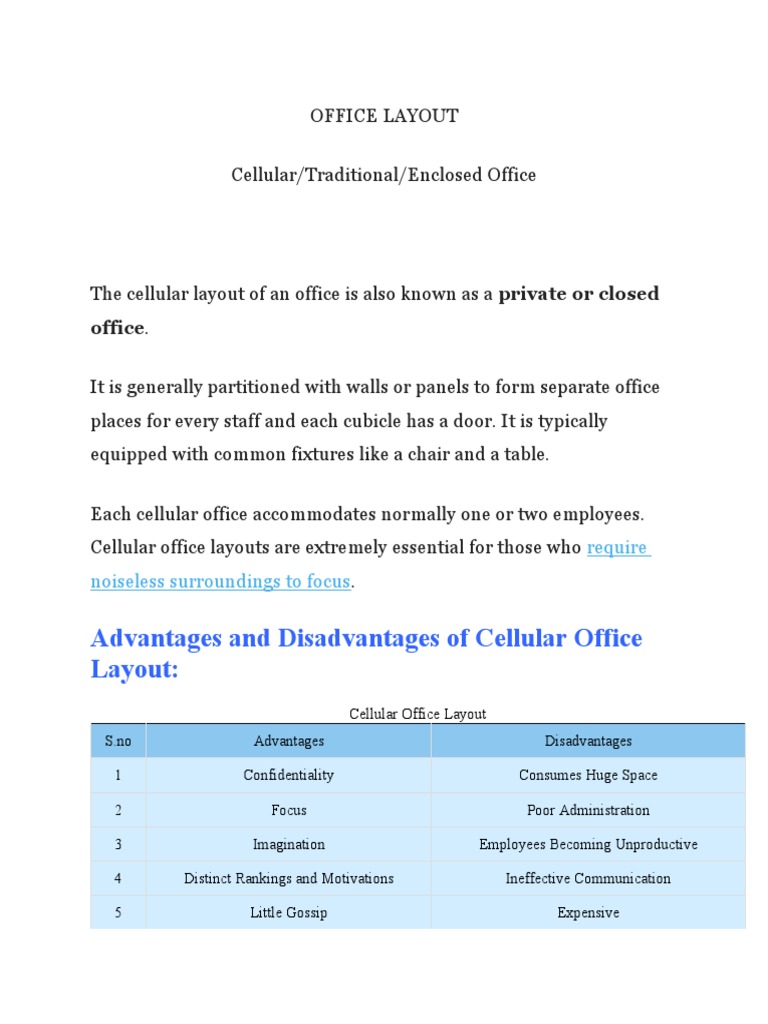 Advantages and Disadvantages of Cellular Office Layout | PDF | Business