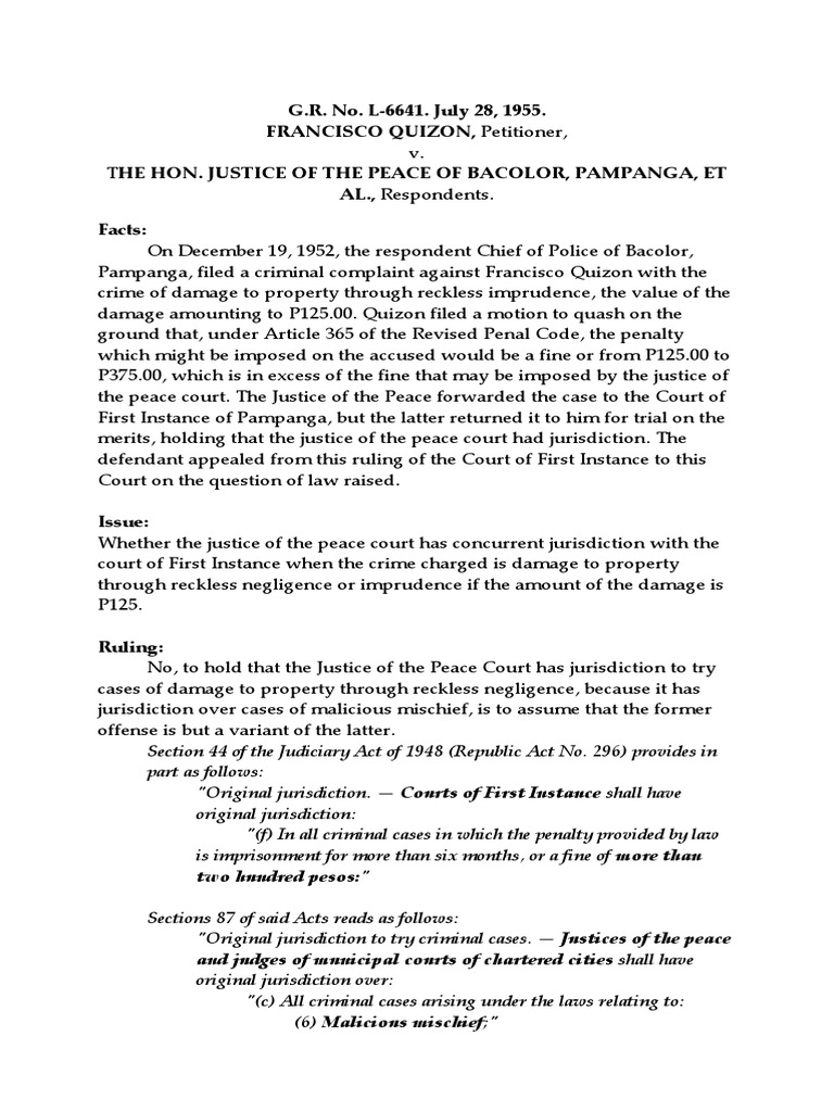 Case No. 7 QUIZON v. THE HON. JUSTICE OF THE PEACE OF BACOLOR, PAMPANGA ...