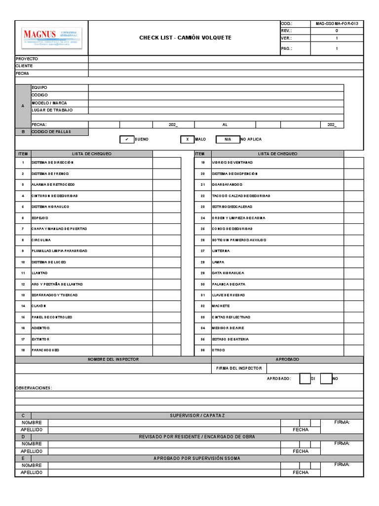 Checklist de Inspección Camión Volquete | PDF | Vehículo de motor ...