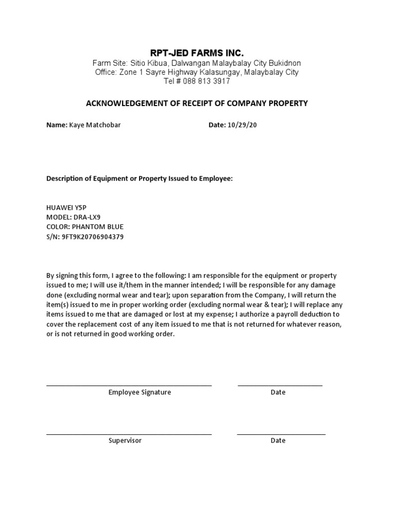 Acknowledgement Receipt of Company Property | PDF