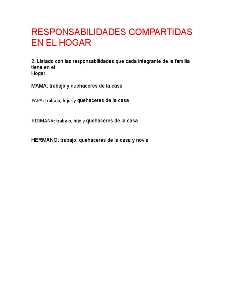Responsabilidades Compartidas en El Hogar | PDF