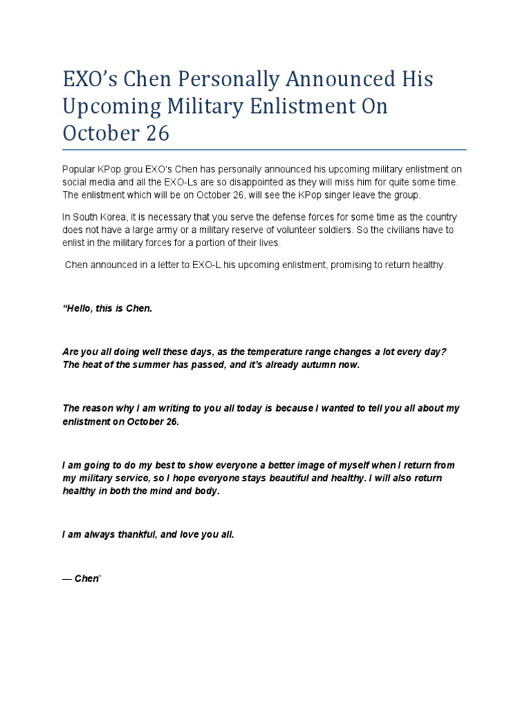 EXO's Chen Announces Military Enlistment | PDF