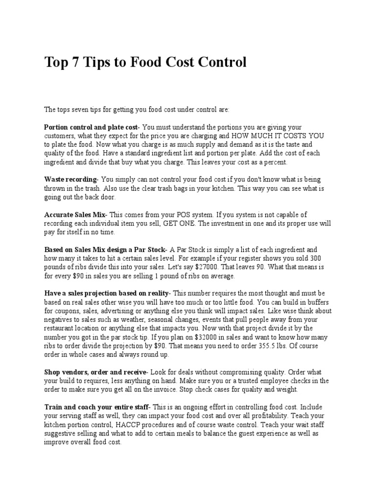 Top 7 Tips To Food Cost Control | PDF | Menu | Restaurants