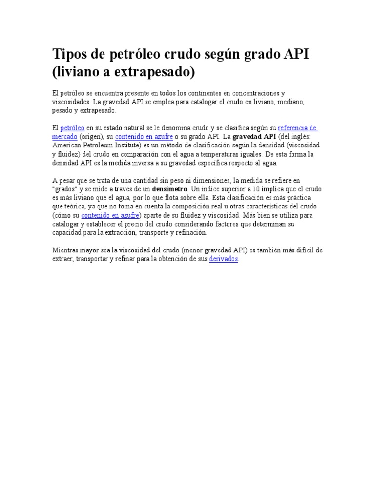 Tipos de Petróleo Crudo Según Grado API | Descargar gratis PDF ...