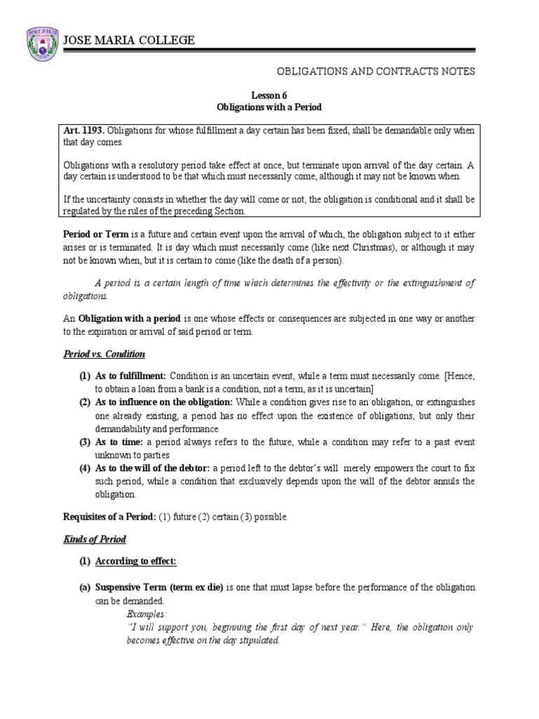 Lesson 6 - Obligations With A Period (Student's Copy) | PDF | Guarantee ...