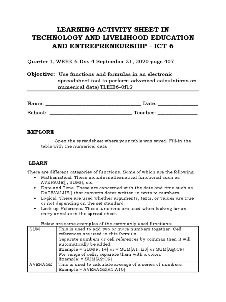 Learning Activity Sheet in Technology and Livelihood Education and Entrepreneurship - Ict 6 ...