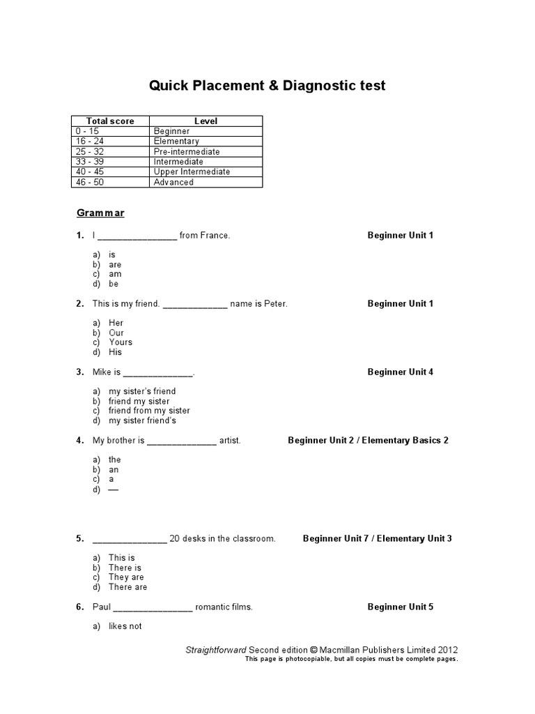 Quick Placement Test | PDF