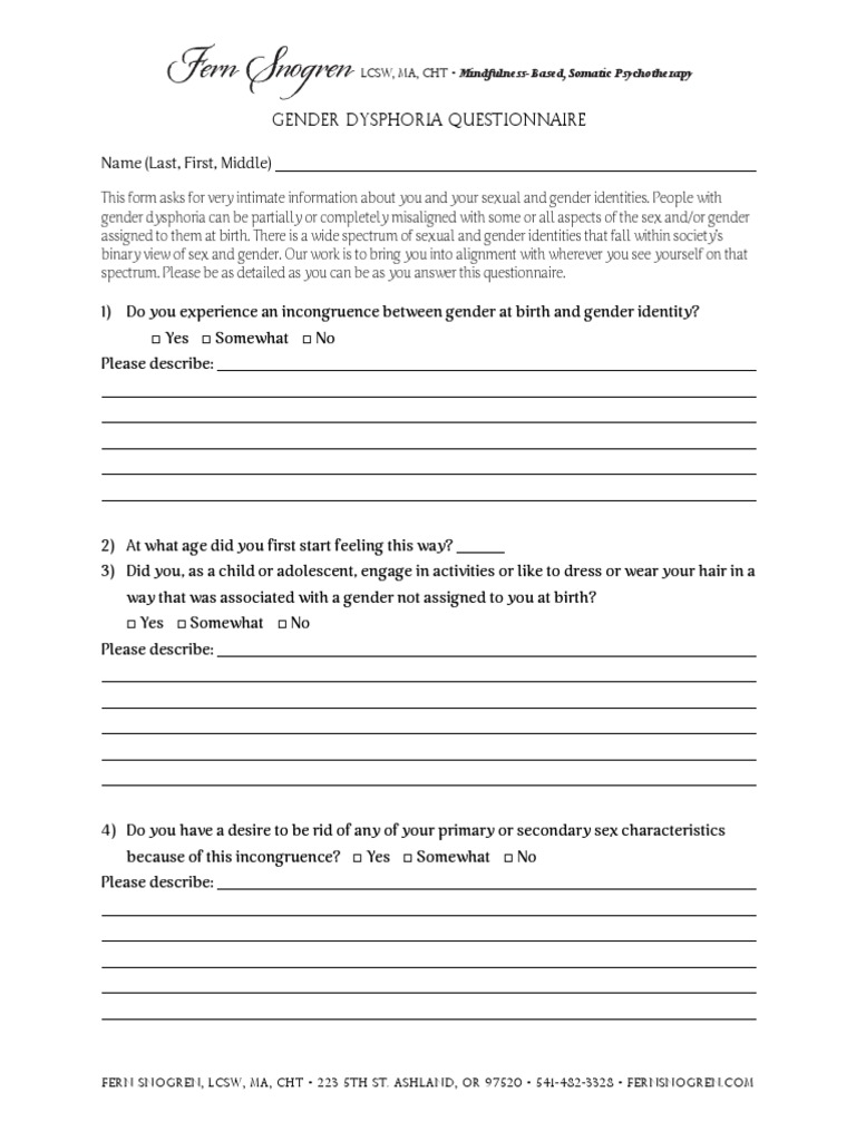 Fern Snogren: Gender Dysphoria Questionnaire | PDF | Gender Identity ...