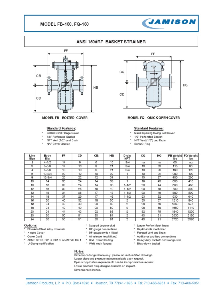 Specifications and Features for ANSI 150#RF Basket Strainers in Various ...