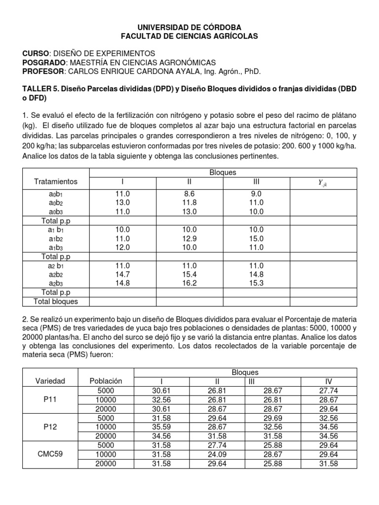 Taller 5. Diseño Parcelas Divididas y D. Bloques Divididos | Descargar ...