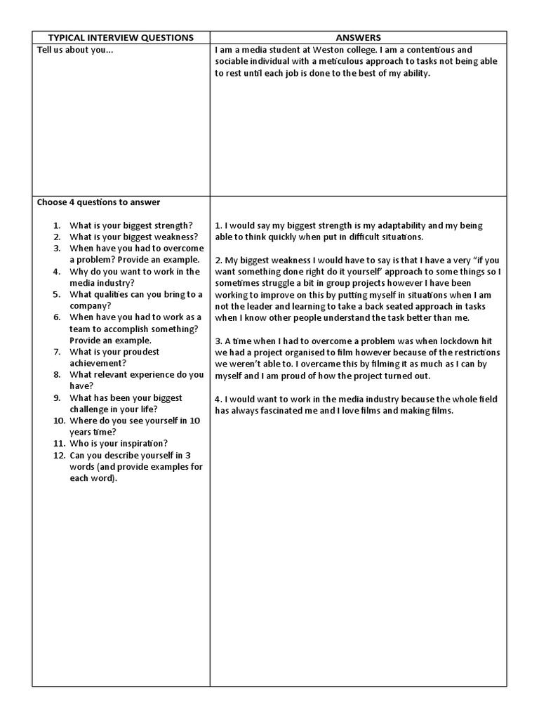 Typical Interview Questions Answers: Choose 4 Questions To Answer | PDF ...