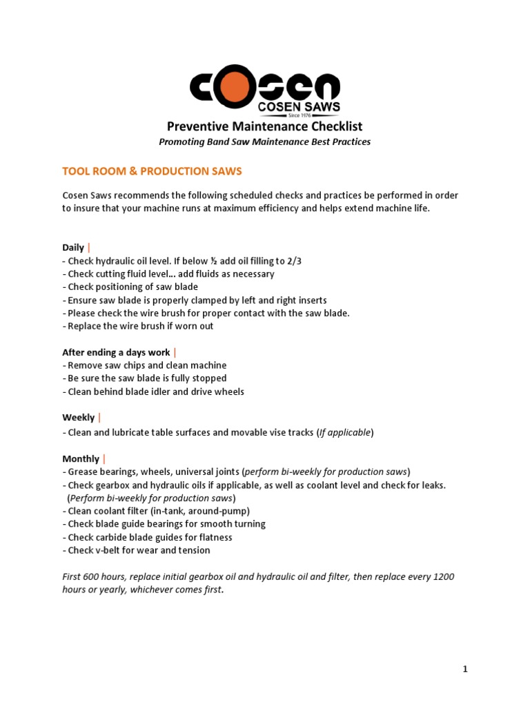 Preventive Maintenance Checklist: Tool Room & Production Saws ...