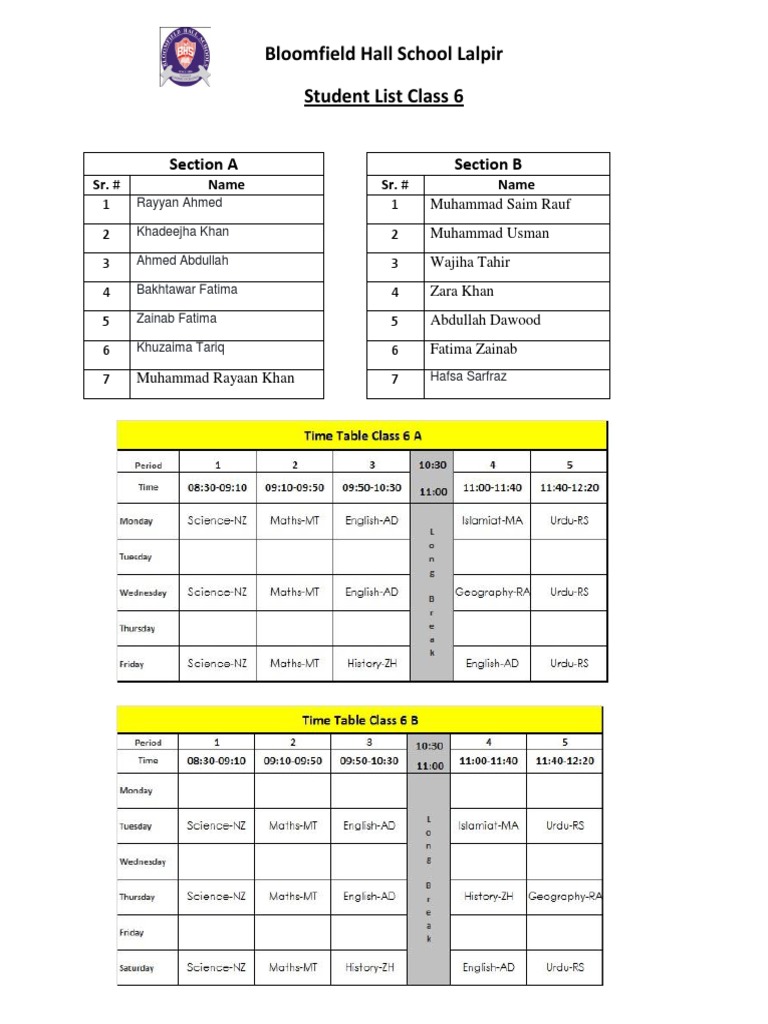 Student List & Time Table (Class 6,7 & 8) | PDF