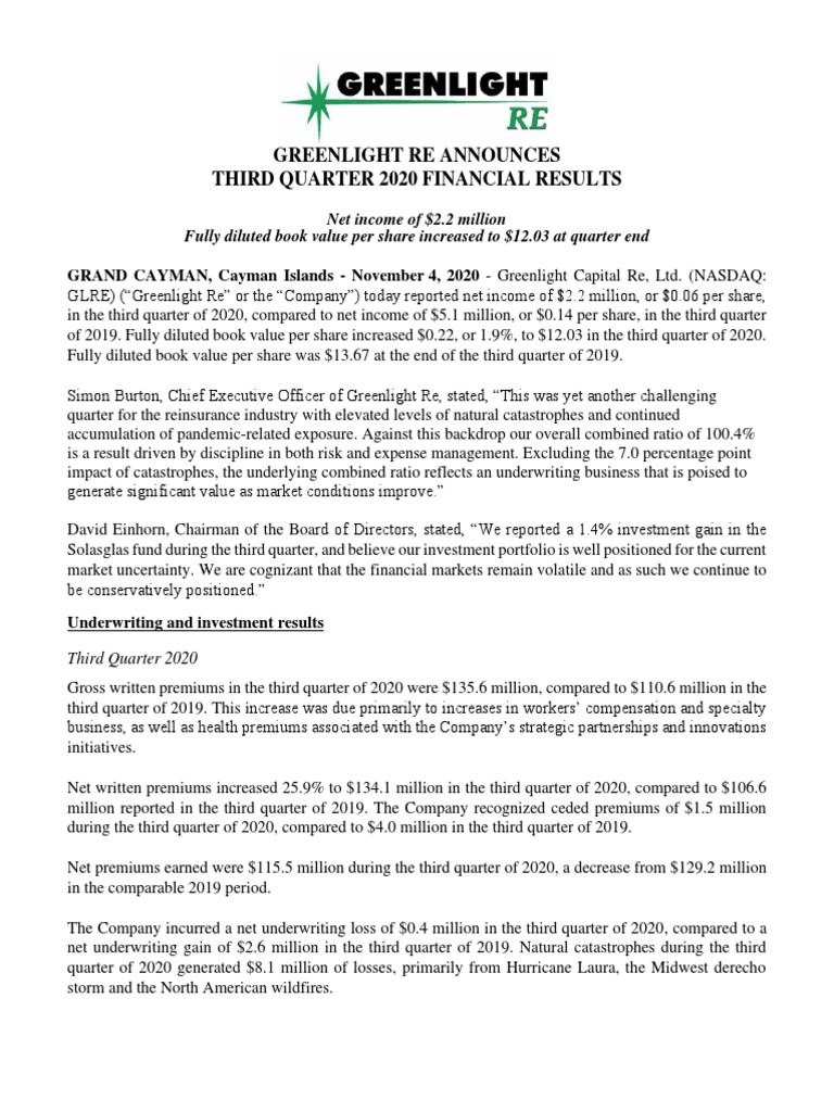 Greenlight Capital Re Press Release 2020 Q3 FINAL | PDF | Book Value ...