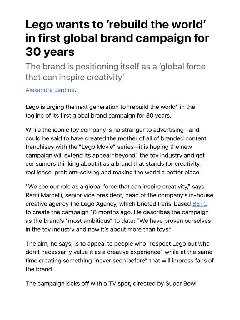Lego Launches Global 'Rebuild the World' Campaign | PDF | Lego