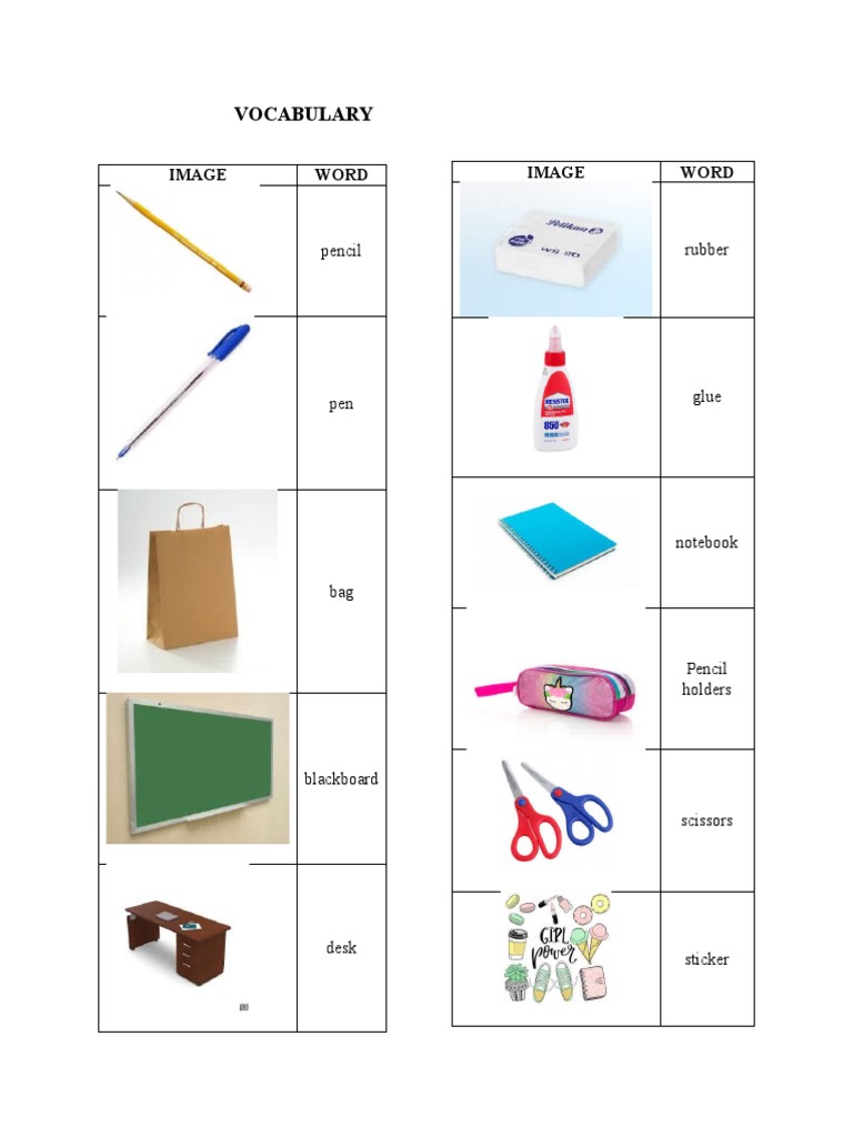 School Supplies Vocabulary List | PDF