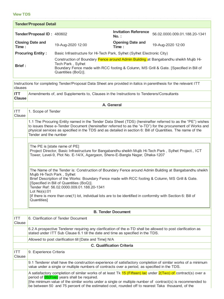 Section2 - Tender Data Sheet | PDF | Payments | Working Capital