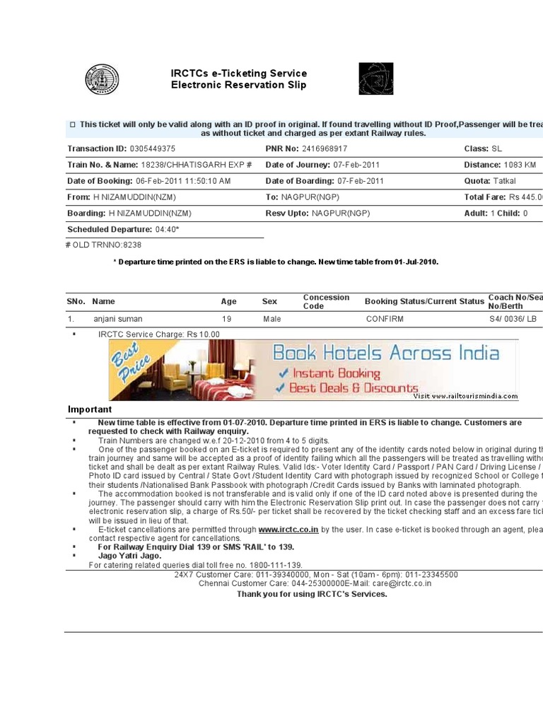 Irctcs E-Ticketing Service Electronic Reservation Slip: Important | Download Free PDF | Identity ...