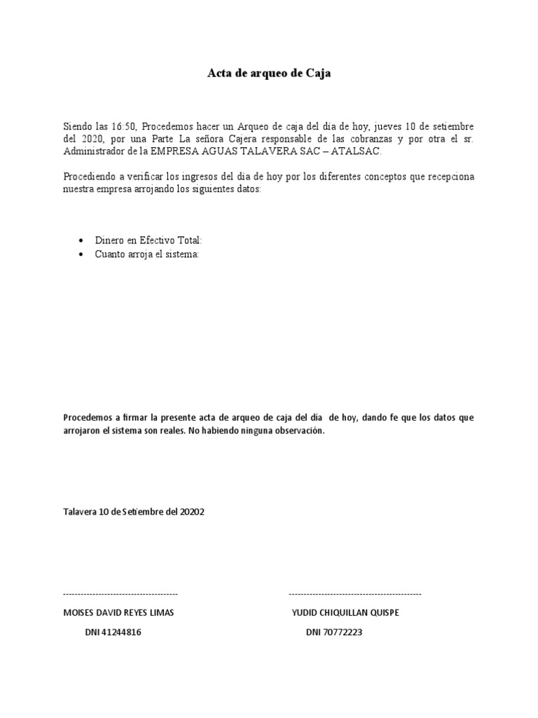 Acta de Arqueo de Caja | PDF