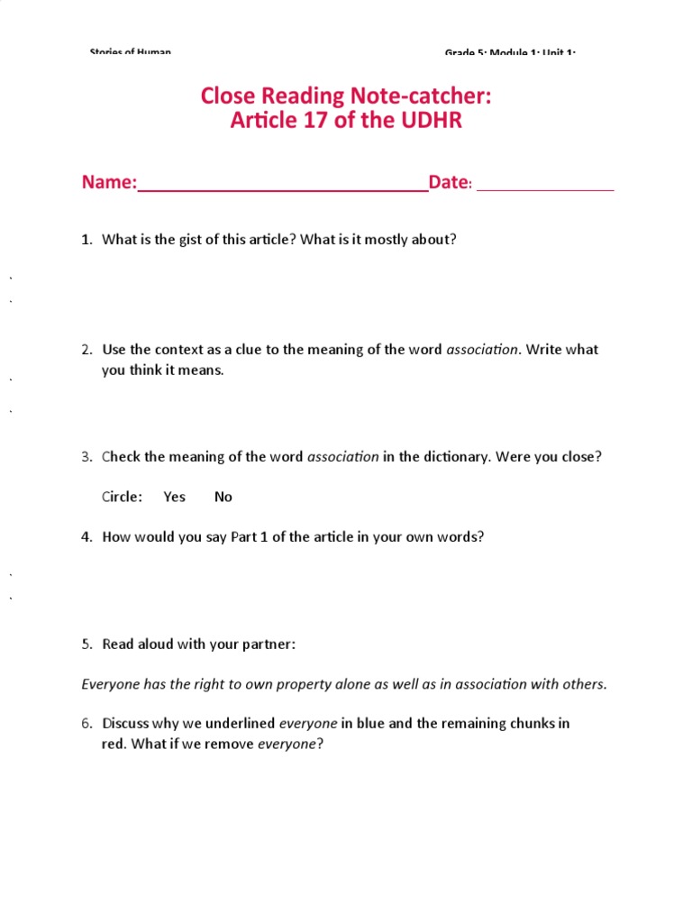 M1U1L7-Close Reading Note-Catcher Article 17 of The UDHR | PDF | Right ...