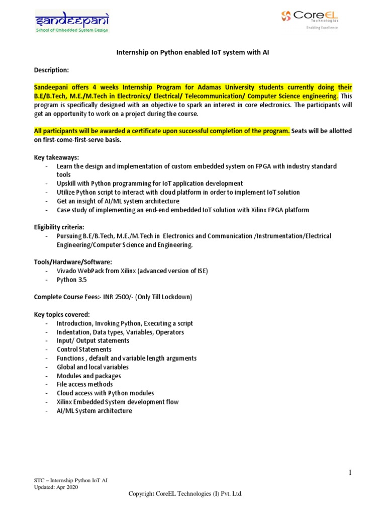Internship On Python Enabled Iot System With Ai | PDF