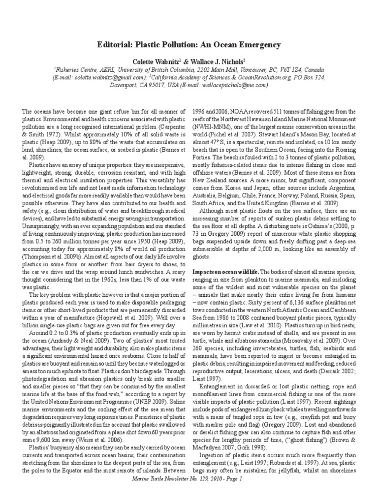 Editorial: Plastic Pollution: An Ocean Emergency: Colette Wabnitz ...