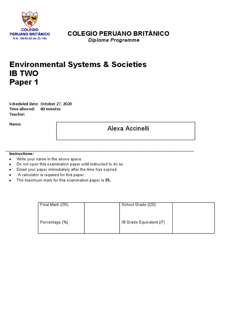 IB ESS Paper 1 Exam - Oct 2020 | PDF | Food Web | Environmental Issues