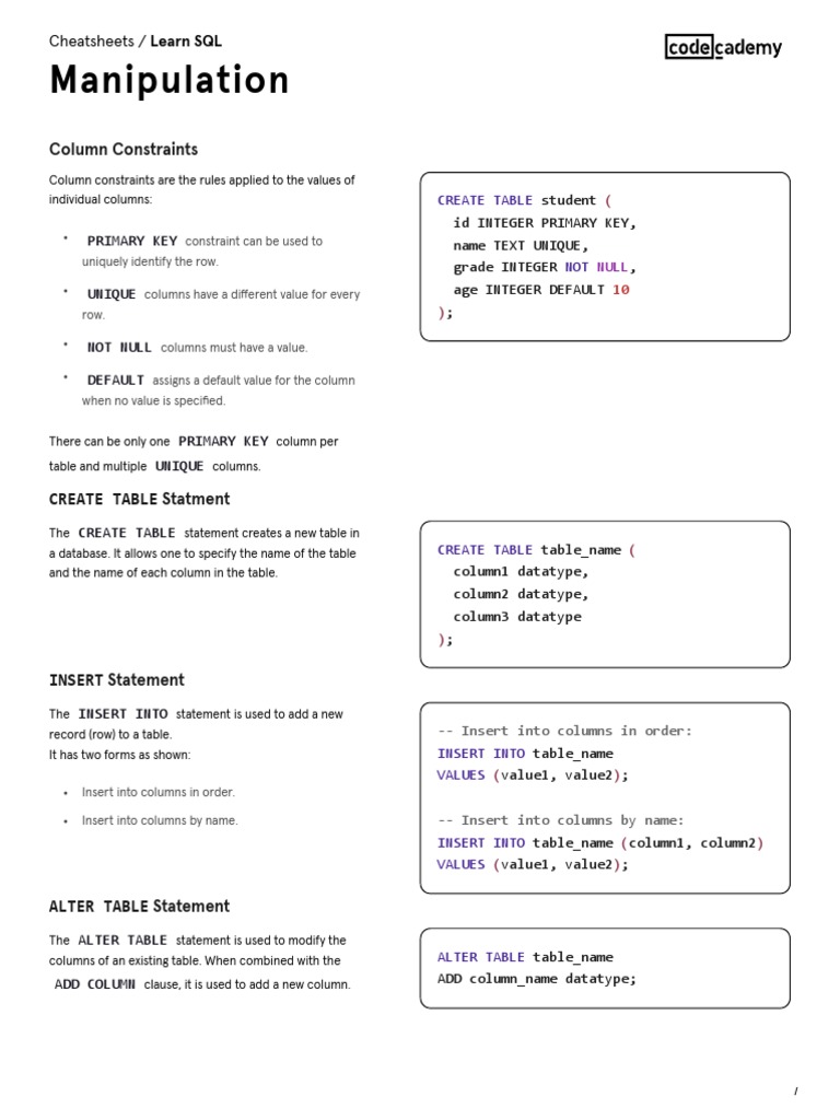 Manipulation: Column Constraints | Download Free PDF | Table (Database) | Data
