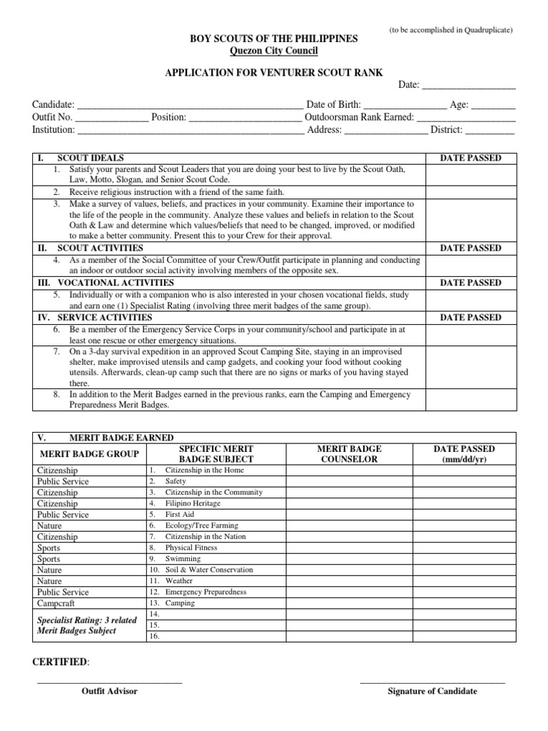 Application Form - Venturer Rank | PDF | Scouting | Youth Organizations